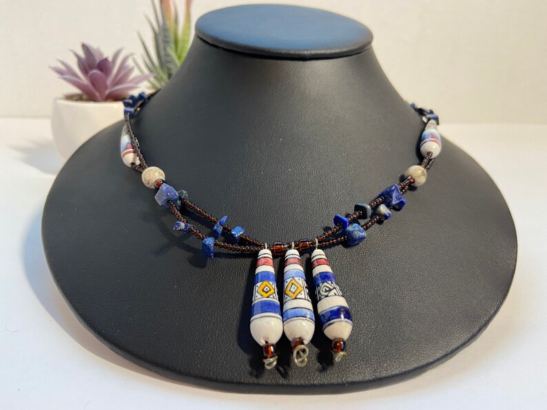 Hand Painted Ceramic Peru Southwest Aztec Beads, Double Strand Necklace ...