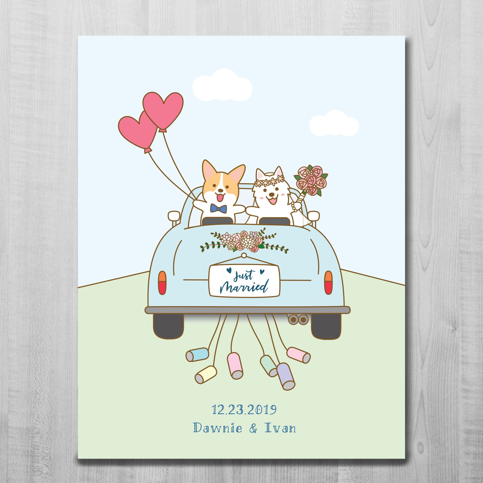 Just Married Print/ Corgi and Samoyed/ Personalized Wedding | Etsy