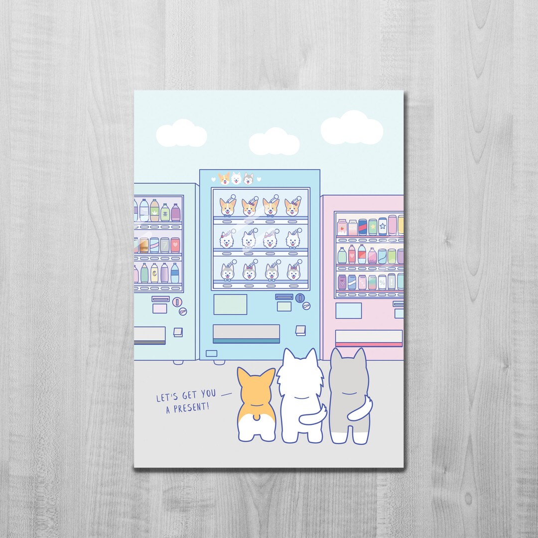 Funny Dog Birthday Card: Corgi, Samoyed, Husky at Vending Machines - Etsy