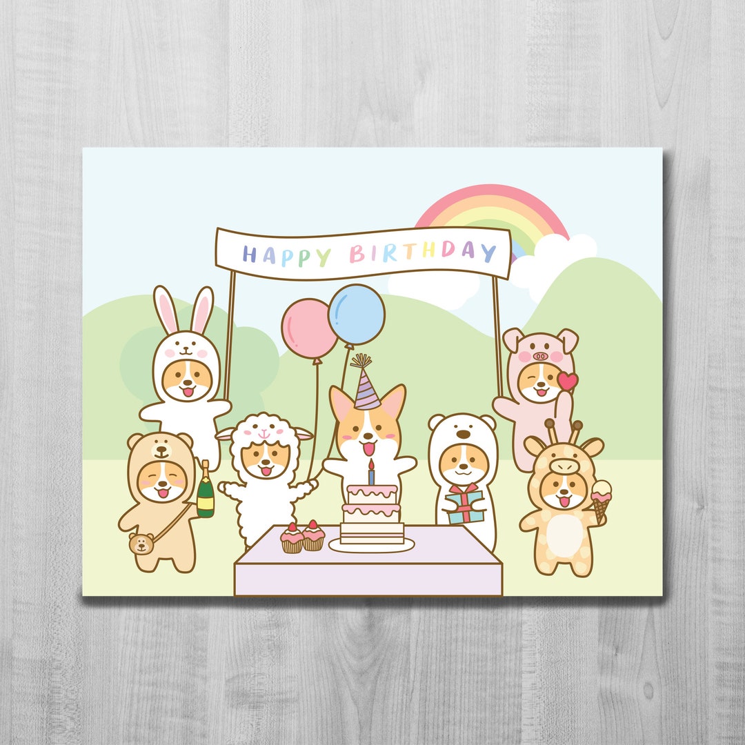 Corgi Birthday Party Card/ Cosplay Party/ Happy Birthday/ Corgi Cute ...
