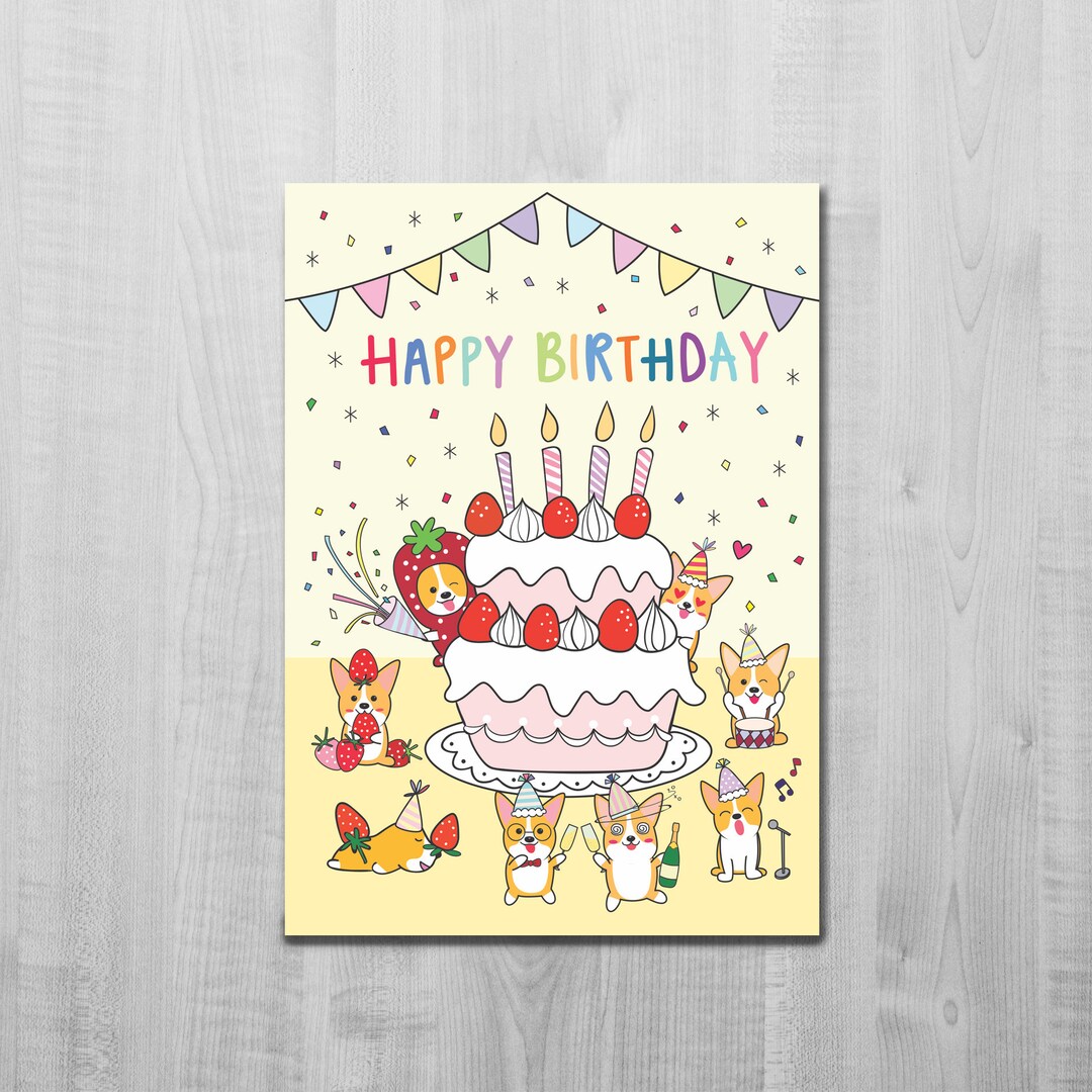 Corgi Birthday Card/ Corgis' Birthday Party/ Happy Birthday/ Strawberry ...