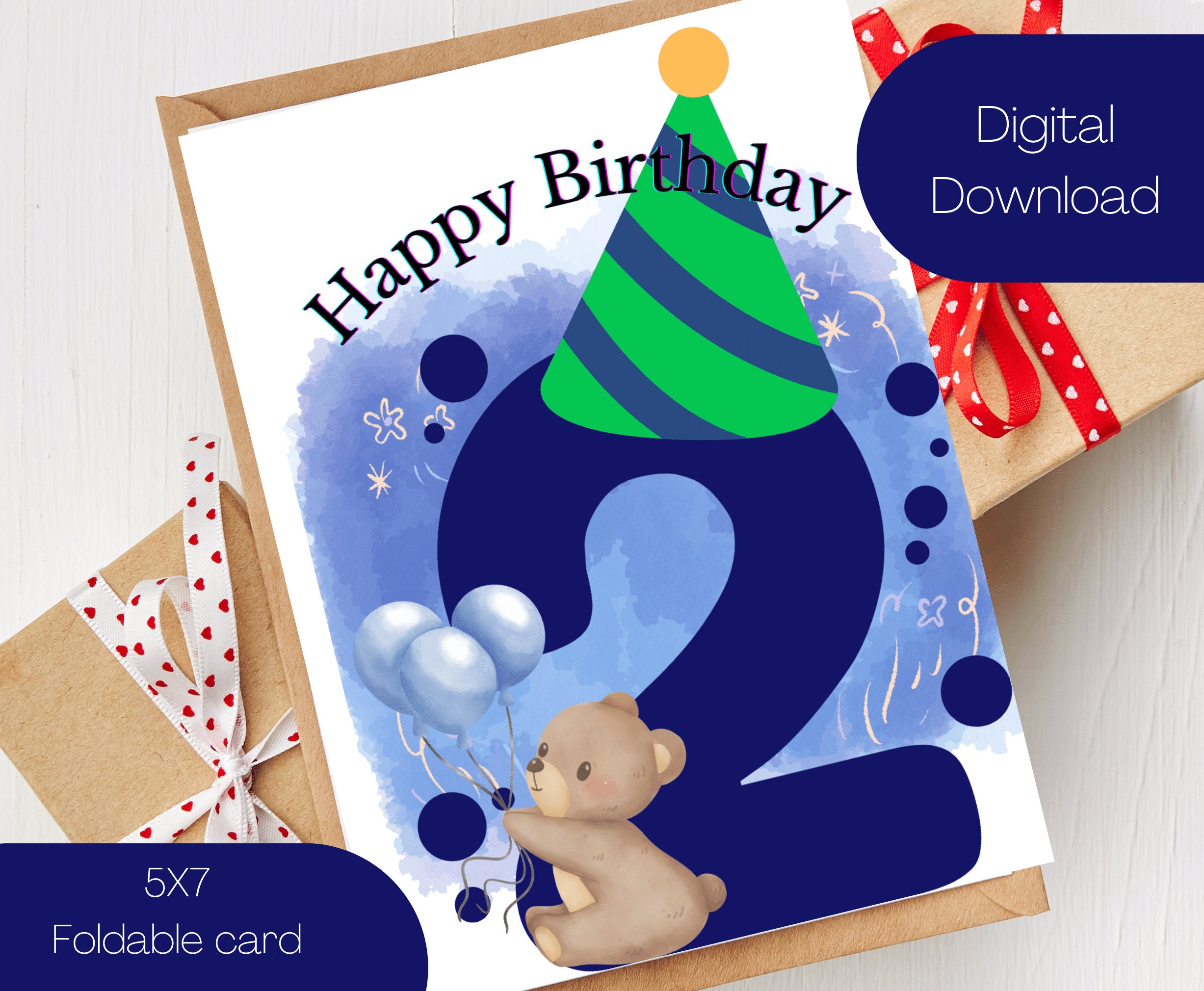 2nd Birthday Card Boy | Teddy Bear, Balloons (PDF Printable) - Etsy