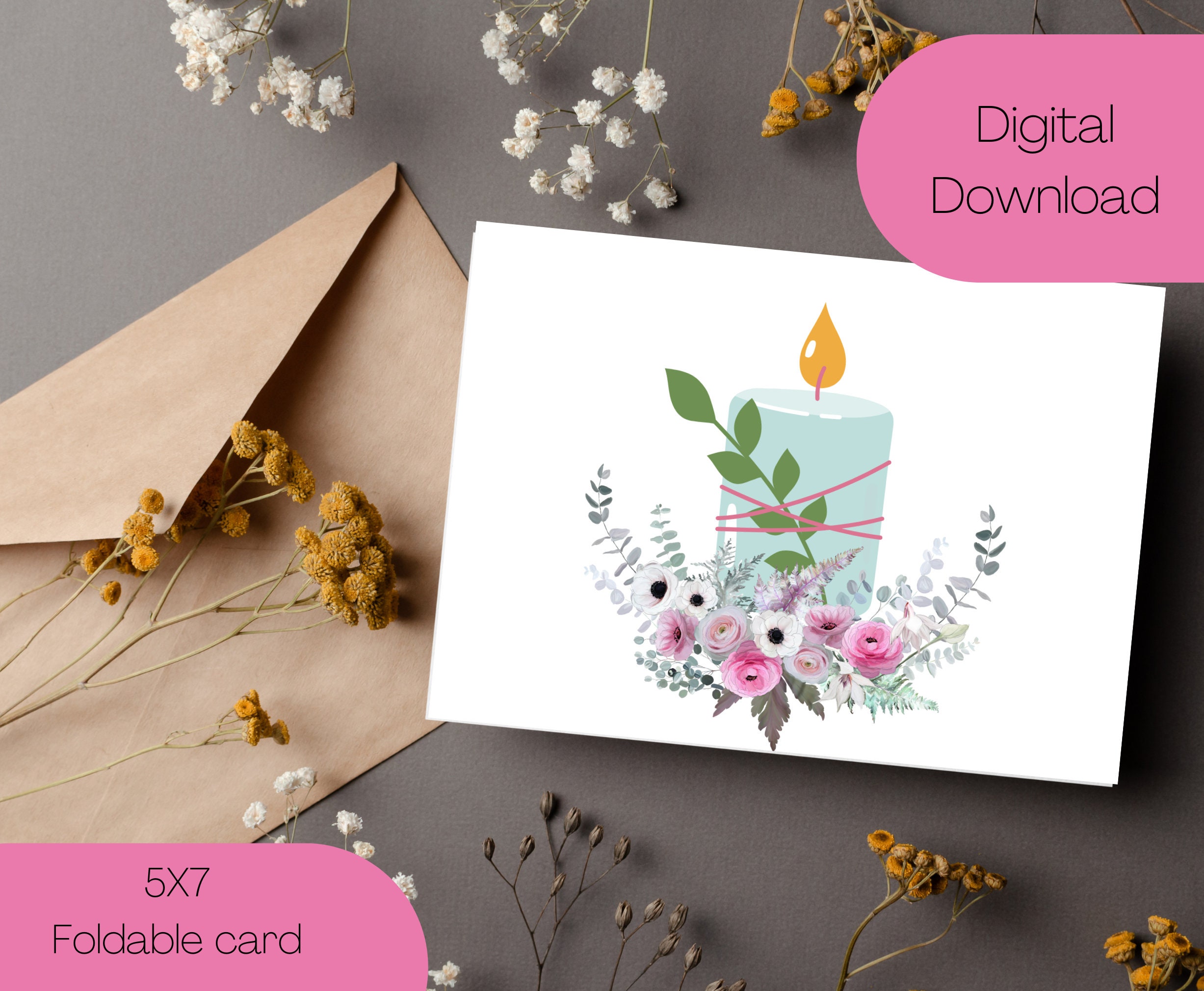 Floral Candle Sympathy Card | Printable Condolence Card (digital ...