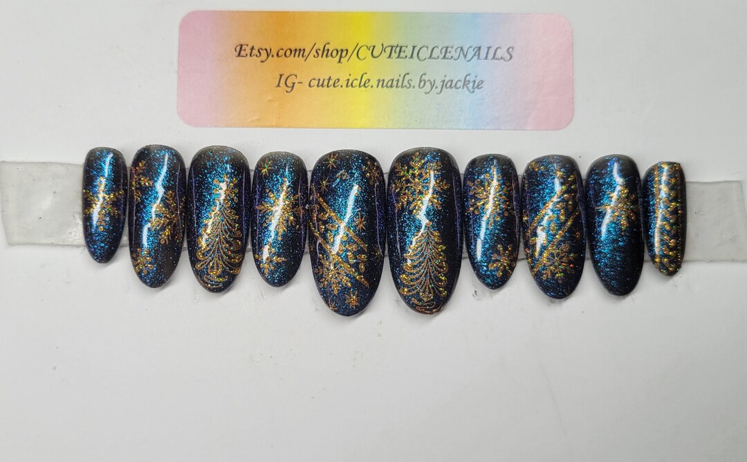 Blue and Gold Yuletide Custom Gel Press on Nails - Etsy