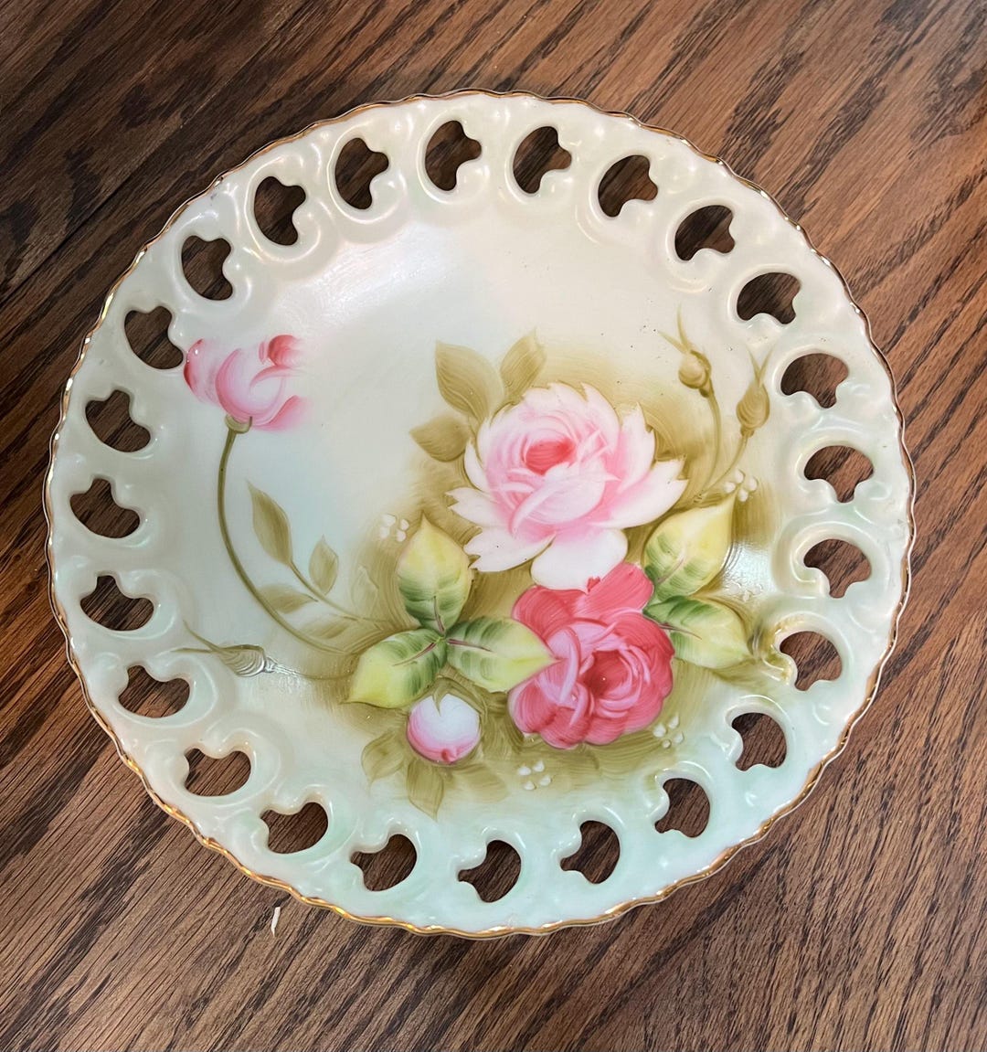 Vintage Lefton China Plate: Hand-painted Roses, Reticulated Edge (made ...