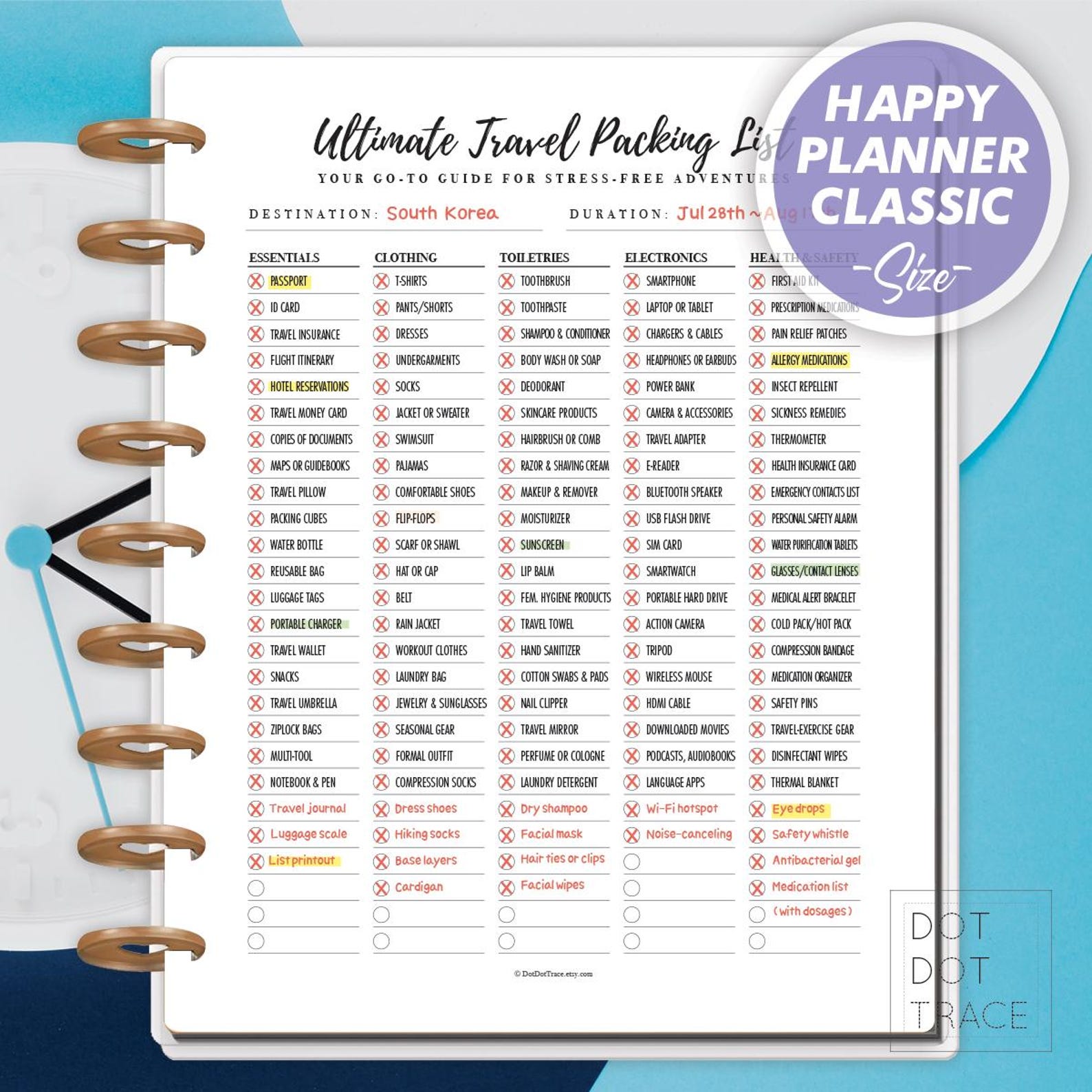 Printable Travel Packing List: Happy Planner Classic Size (PDF) - Etsy