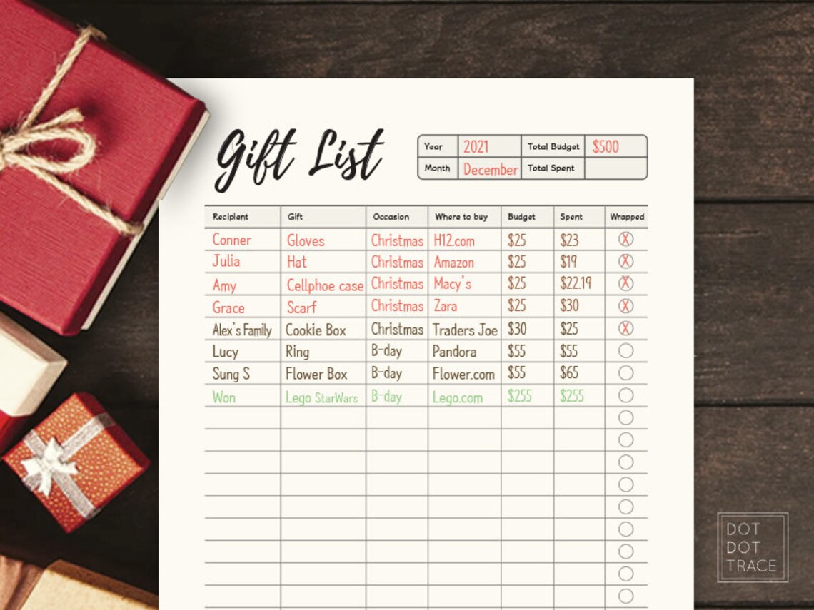 A5_printable Gift List Gift Planner Monthly Gift Budget | Etsy