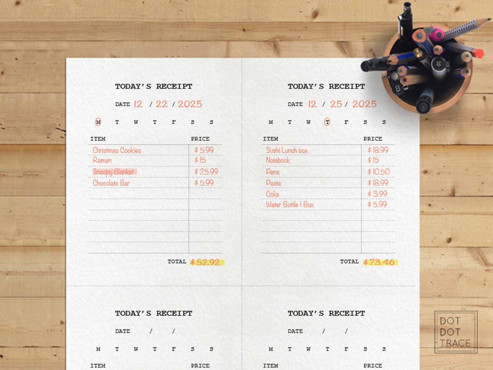 Printable Todays Receipt 4 Pages of Todays Receipt on Letter & A4 ...