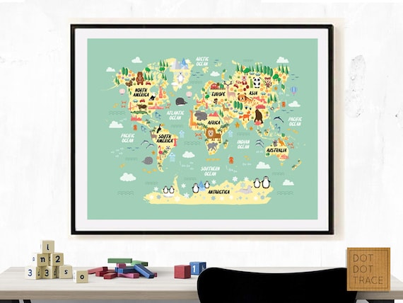 World Map for Kids Kid's World Map Kid's Animal World | Etsy