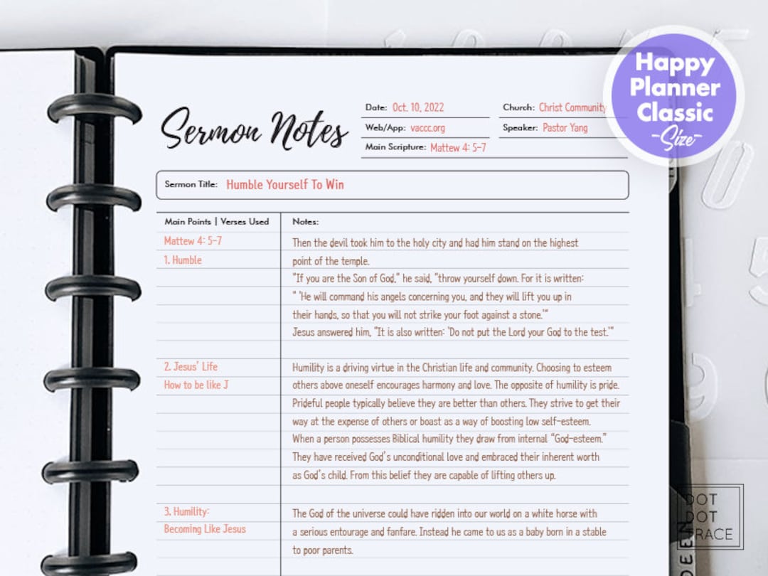 Printable Sermon Notes Template: Christian Planner (happy Planner Size ...