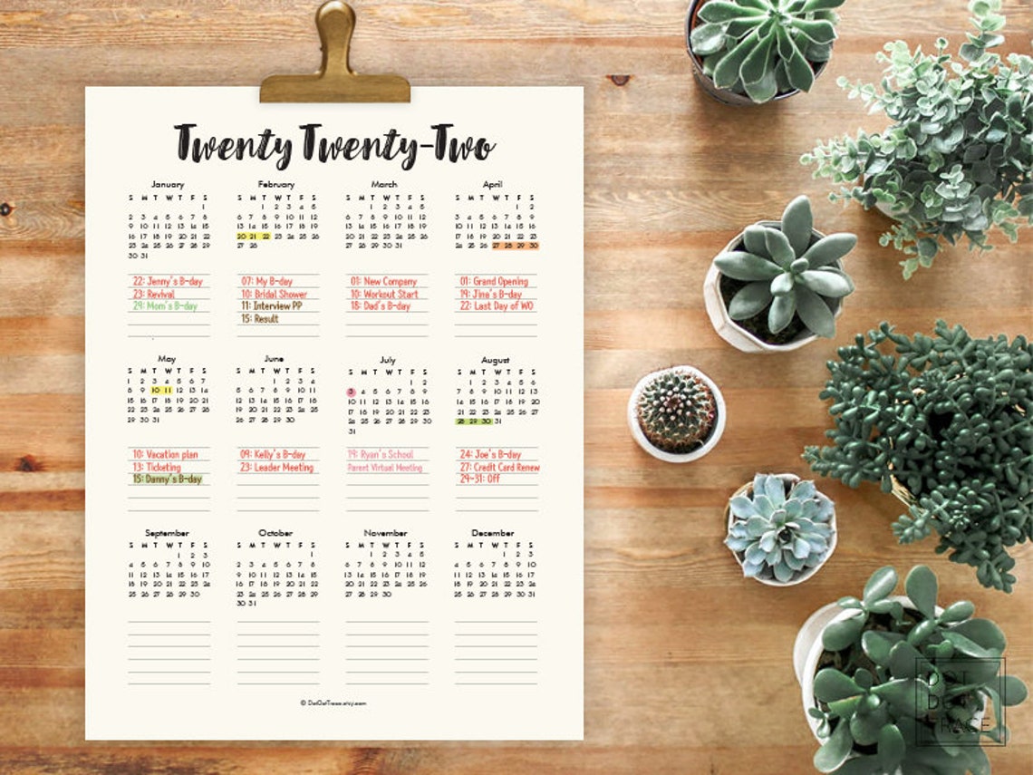 Printable 2022 Calendar Twenty Twenty Two Yearly Planner 2022 - Etsy