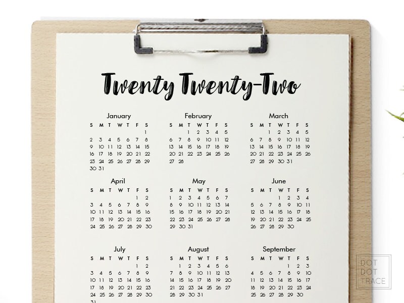 Printable 2022 Calendar Twenty Twenty Two Calendar 2022 - Etsy