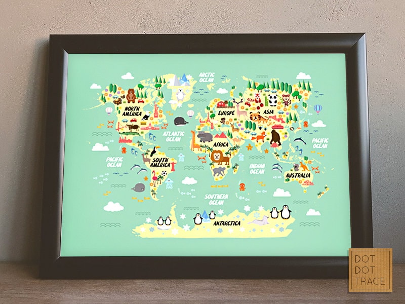 World Map for Kids Kid's World Map Kid's Animal World | Etsy