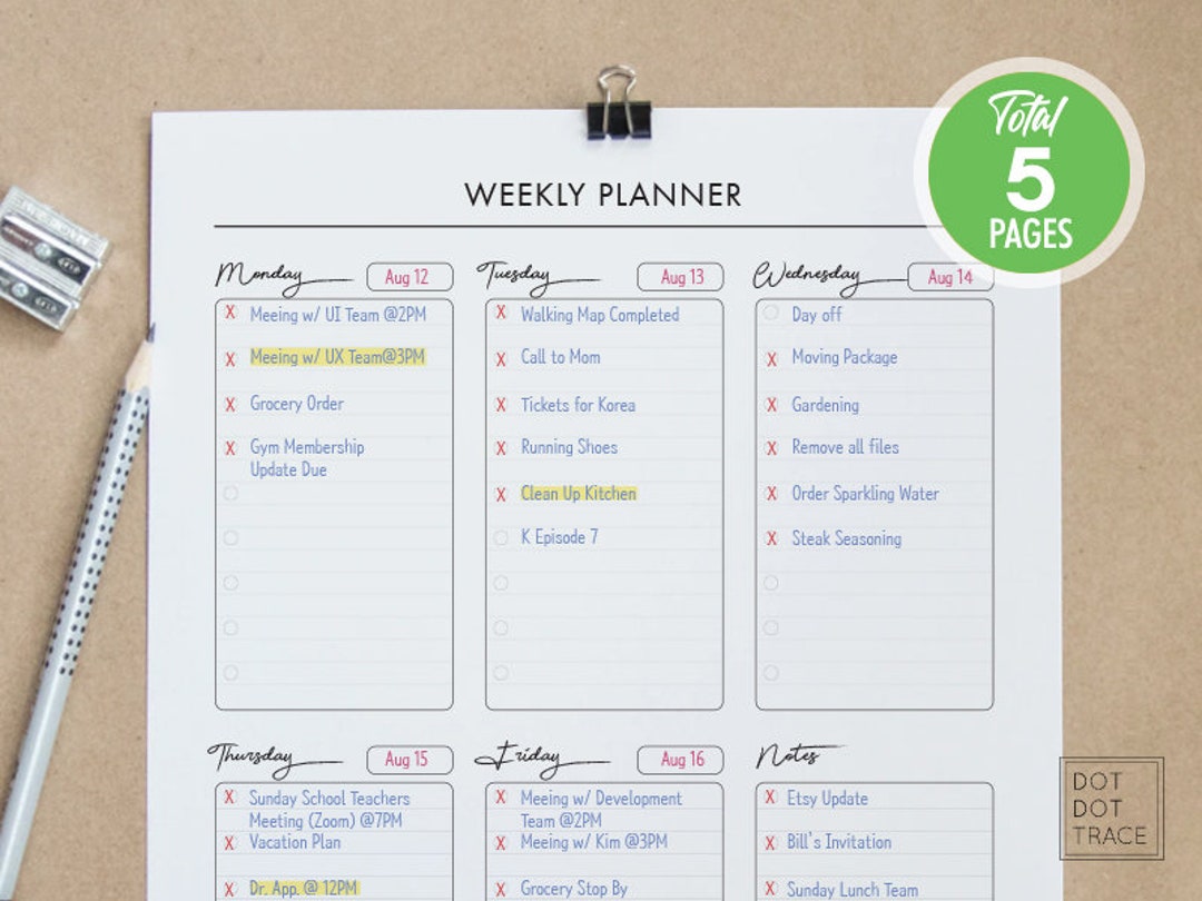 Printable Weekly Planner: 5-page Daily To-do List (PDF) - Etsy