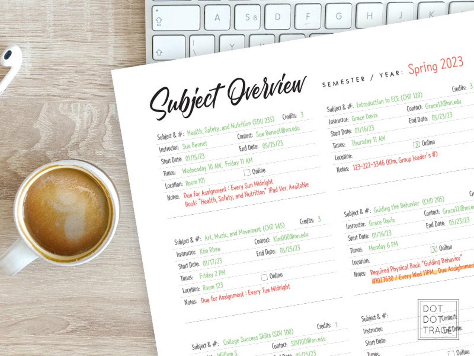 Printable Subject Overview Simple Ver. College Course Overview Semester ...