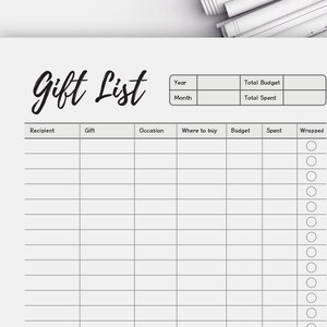 Printable Gift List Gift Planner Monthly Gift Budget Christmas Gift ...