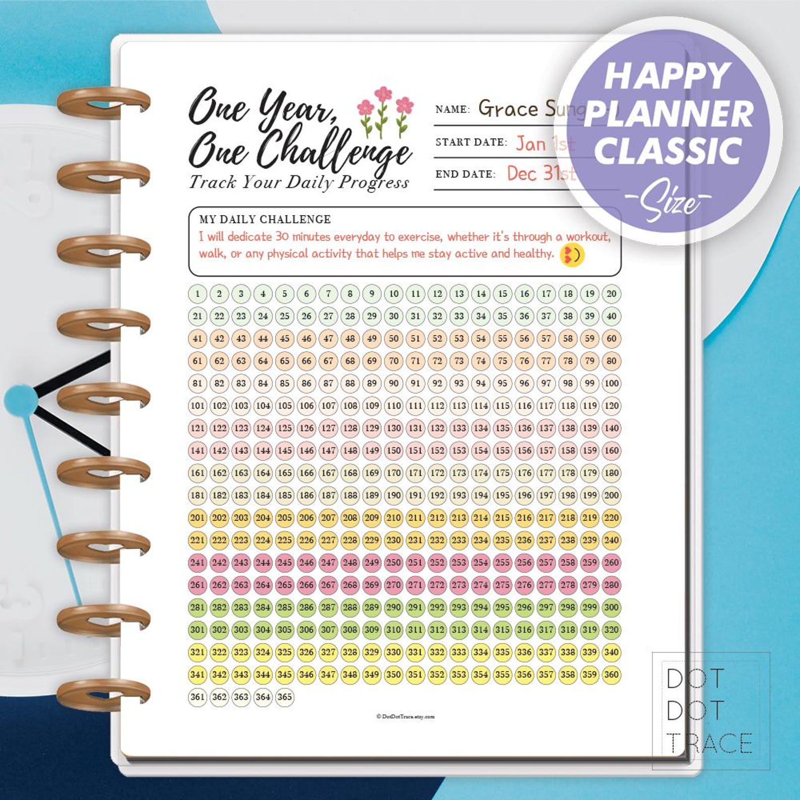 365 Day Challenge Tracker: Printable Happy Planner Insert (PDF) - Etsy