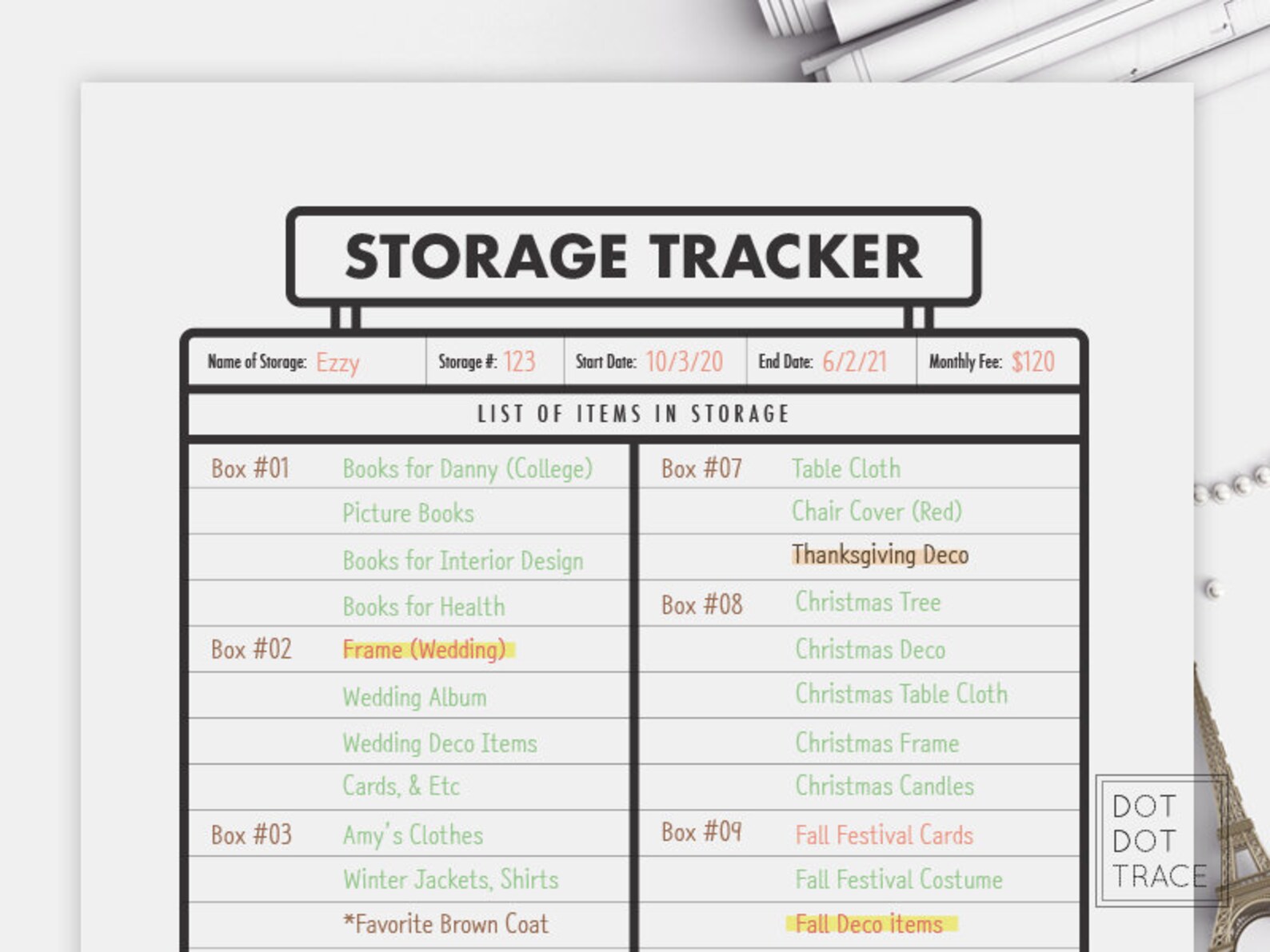 Printable Storage Tracker List Moving Tracker Storage Box List of Boxes ...