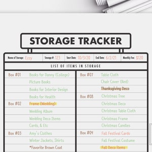 Printable Storage Tracker List Moving Tracker Storage Box List of Boxes ...