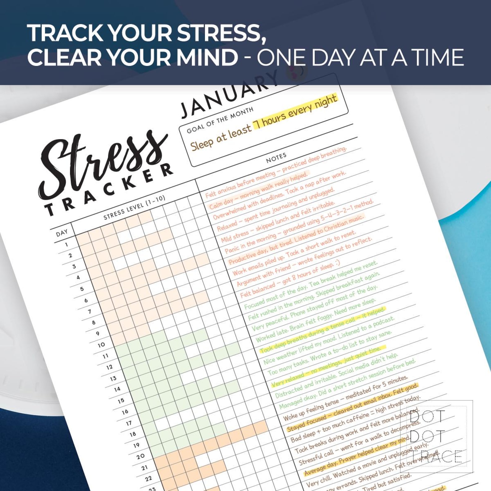 Printable 12 Month Stress Tracker Daily Mood & Stress Level Log Minimalist Stress Tracker ...