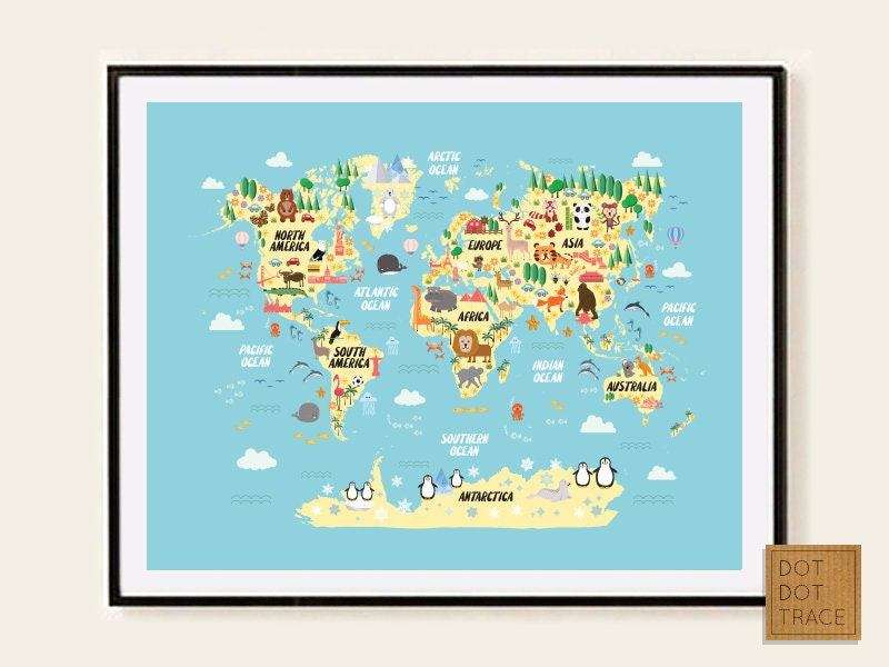 World Map for Kids Kid's World Map Kid's Animal World Map Poster ...
