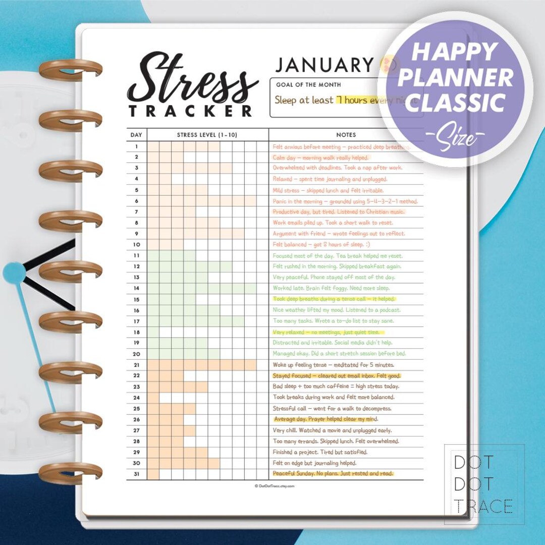 Printable 12 Month Stress Tracker [happy Planner Classic] Daily Mood Stress Level Log for ...