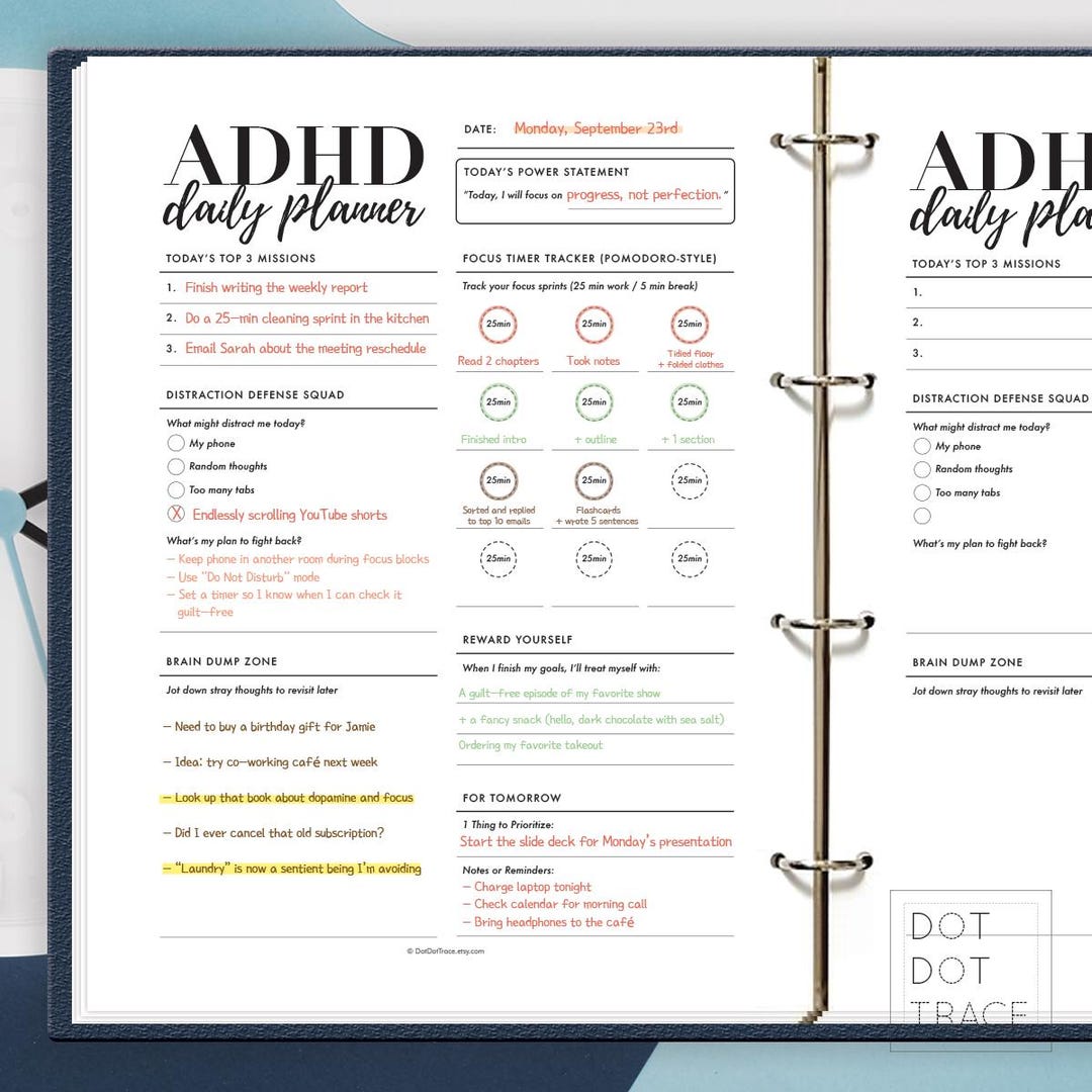 ADHD Daily Planner Printable: Focus Sheet, Brain Dump & Pomodoro ...