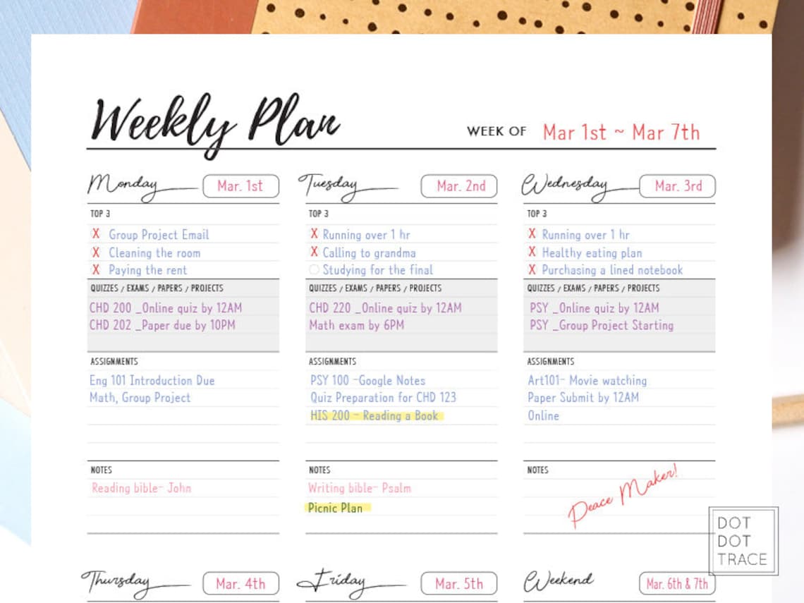Printable Student Weekly Planner Weekly Planner for College - Etsy