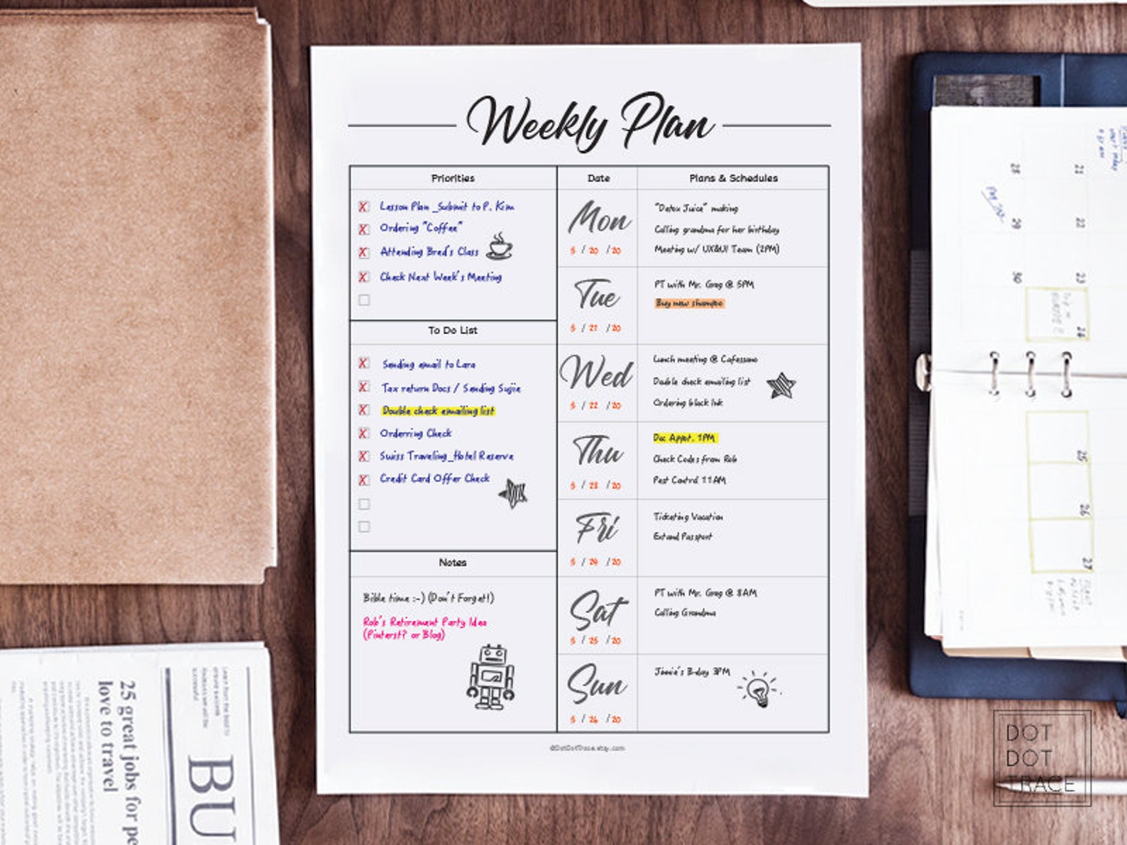 Monday Start Printable Weekly Planner Daily Planner 7 Day - Etsy