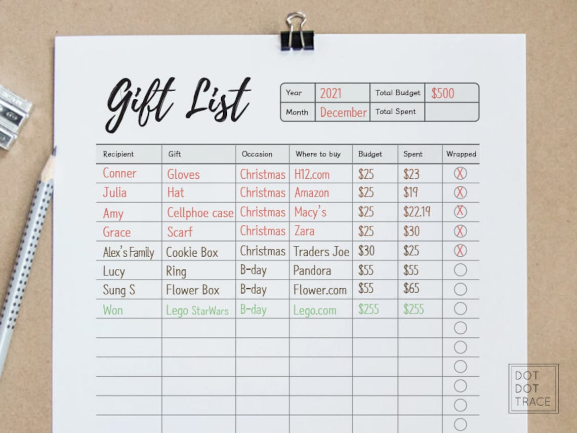 Printable Gift List Gift Planner Monthly Gift Budget Christmas | Etsy