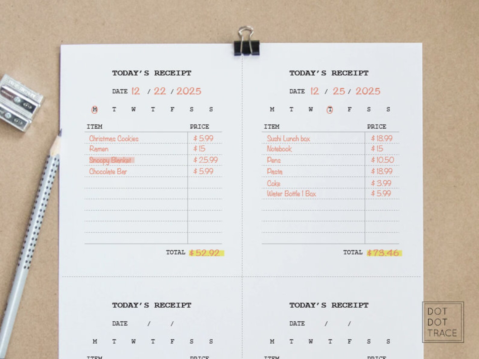 Printable Todays Receipt 4 Pages of Todays Receipt on Letter - Etsy