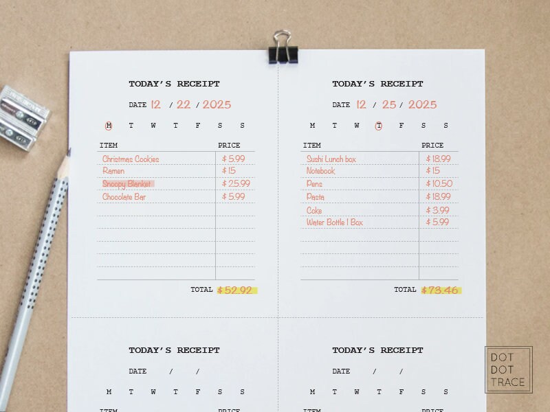 Printable Todays Receipt 4 Pages of Todays Receipt on Letter - Etsy