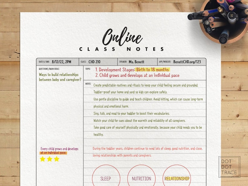 Printable 1page Online Class Notes Lecture Notes Class Note | Etsy