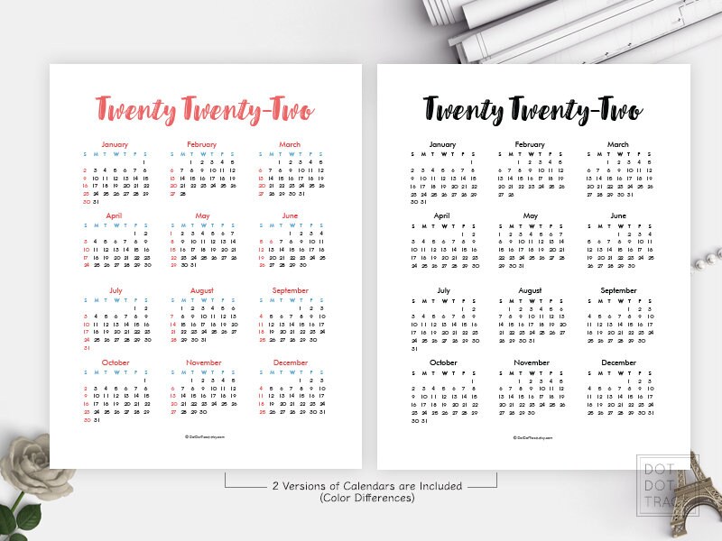 Printable 2022 Calendar Twenty Twenty Two Calendar 2022 - Etsy