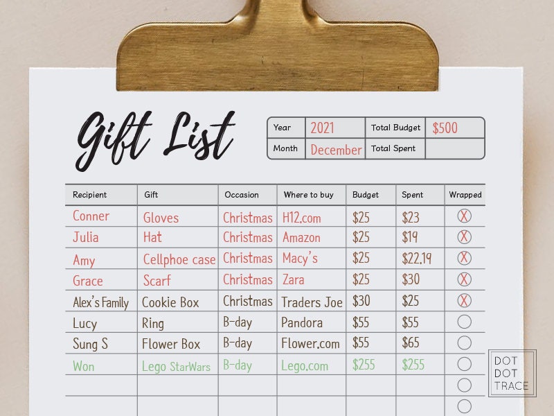 Printable Gift List Gift Planner Monthly Gift Budget Christmas - Etsy