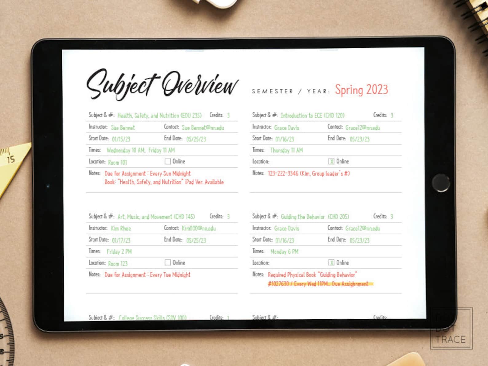 Printable Subject Overview Simple Ver. College Course Overview Semester ...