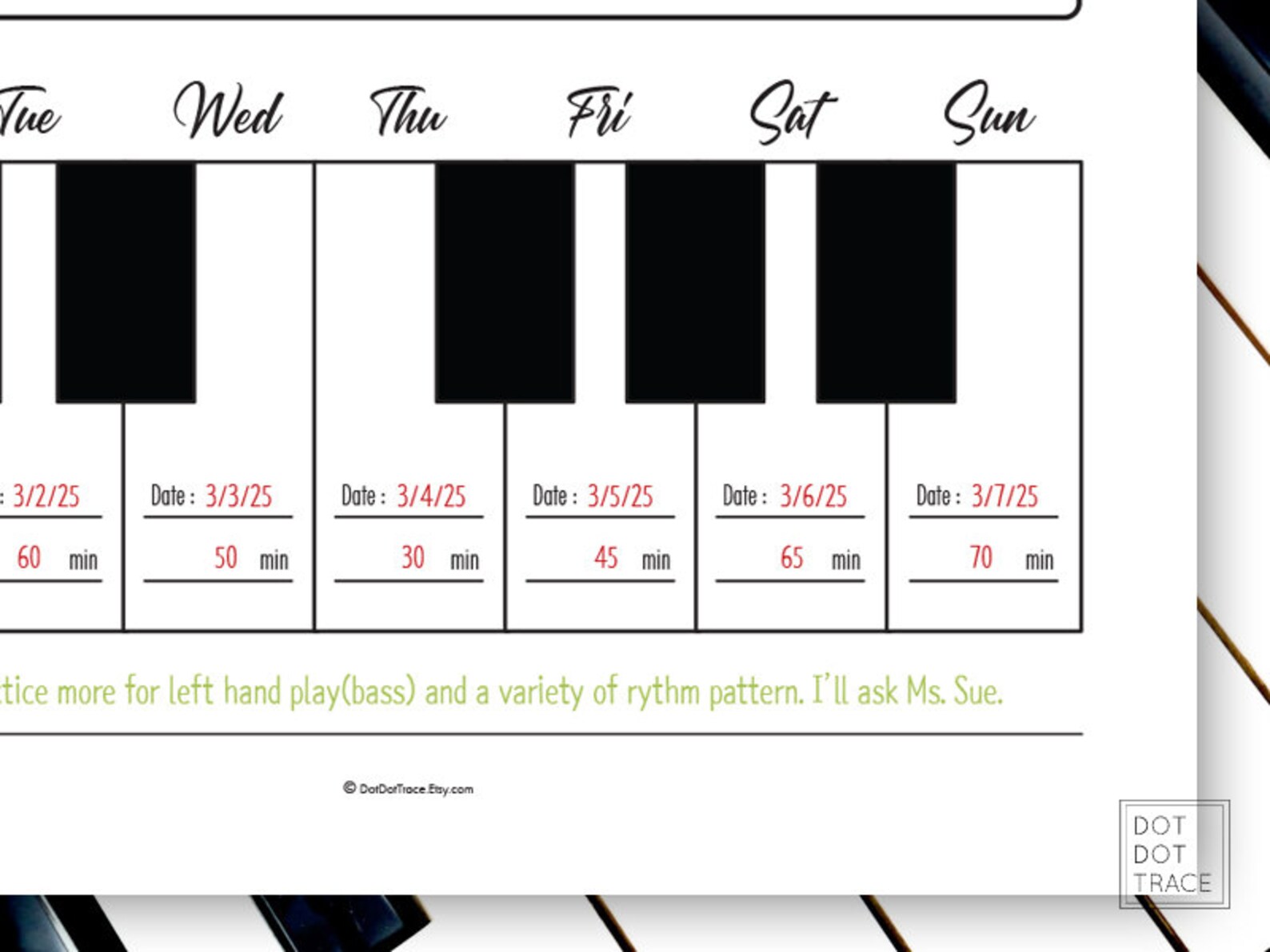 Printable Weekly Piano Practice Chart Piano Practice Log Piano - Etsy
