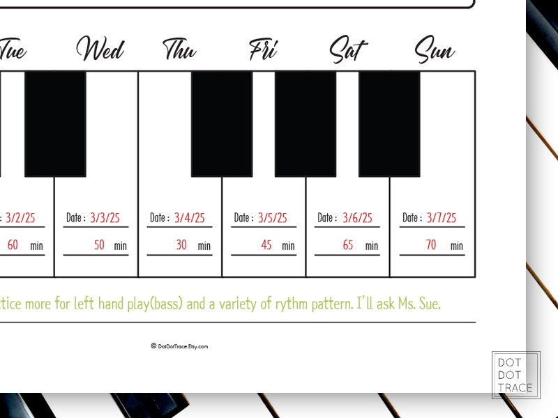 Printable Weekly Piano Practice Chart Piano Practice Log Piano - Etsy