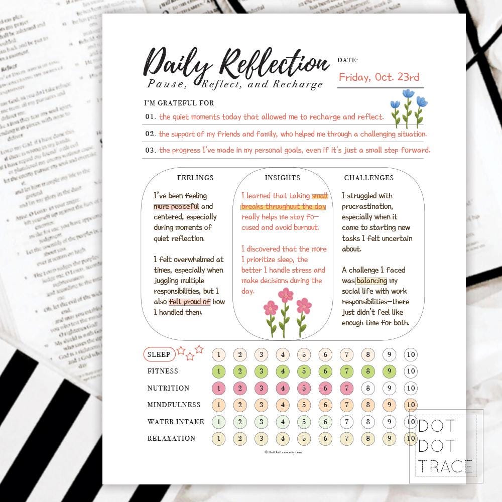 Printable Daily Reflection Journal: Self-care Tracker (PDF) - Etsy
