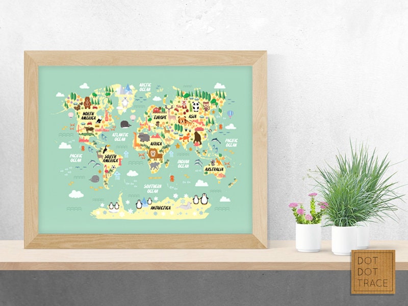 World Map for Kids Kid's World Map Kid's Animal World | Etsy