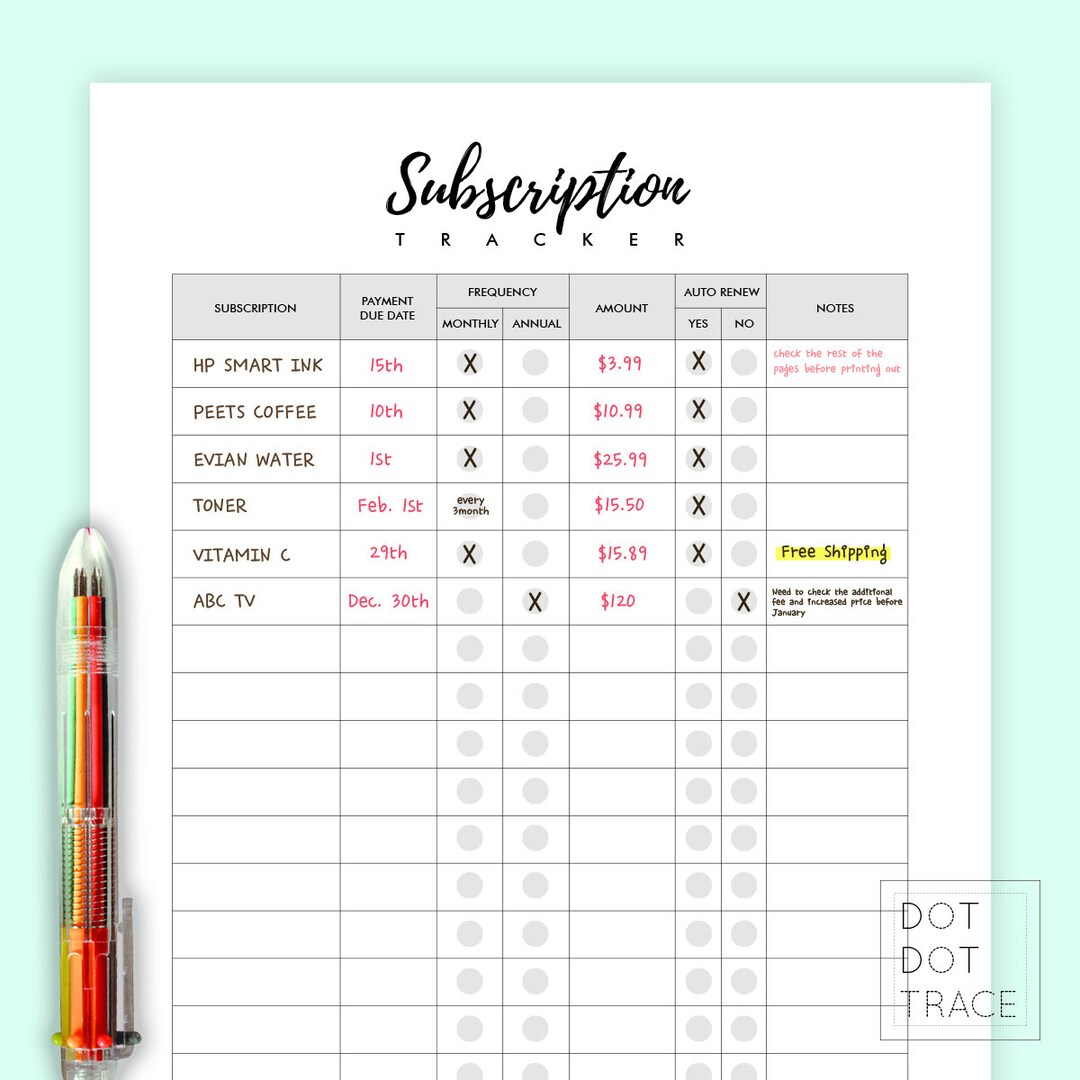 Printable Subscription Tracker: Monthly Expense Log (PDF) - Etsy