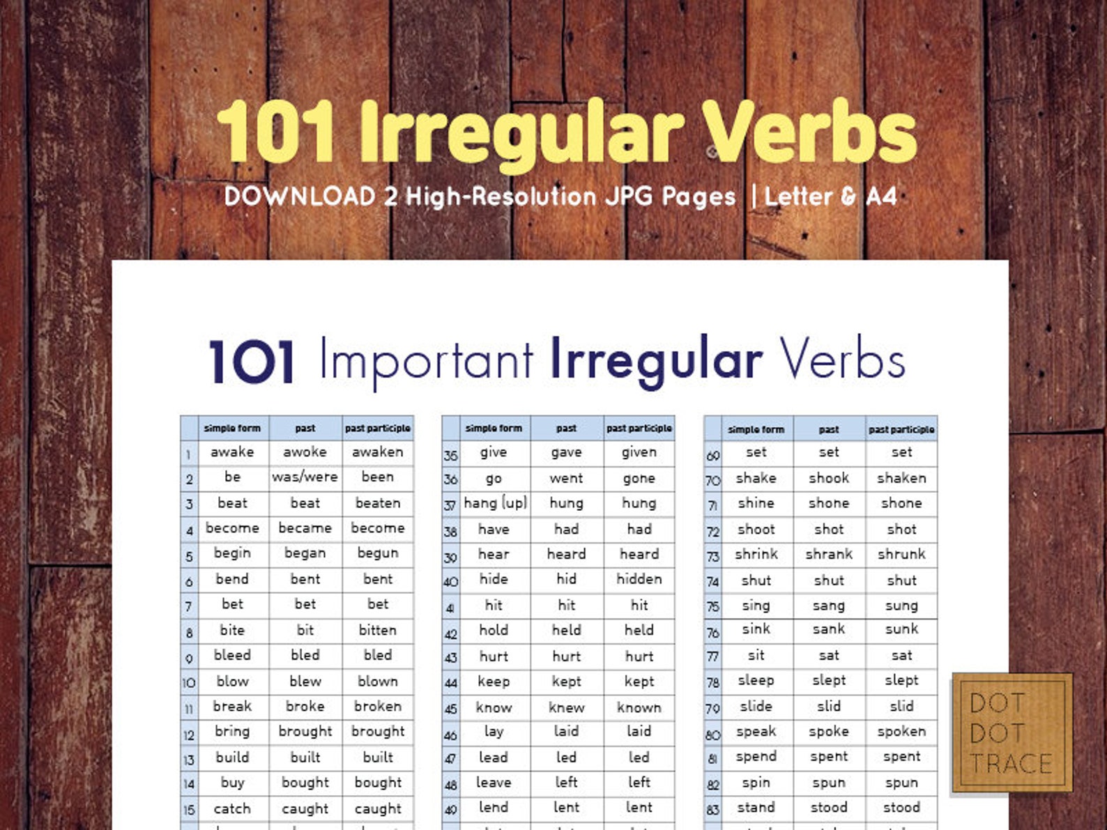 101 Irregular Verbs Chart for ESL Students (JPG Download) - Etsy