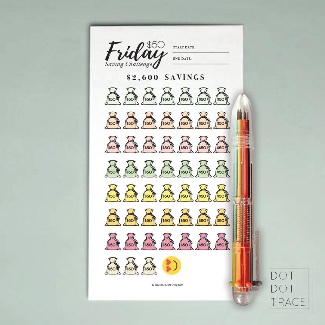 Printable 50 Dollar Friday 52-week Savings Challenge Tracker Envelope ...