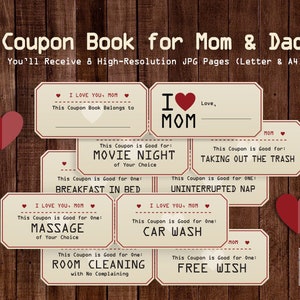 Printable Coupon Book for Mom & Dad Coupon Book for Parents Coupon Book ...