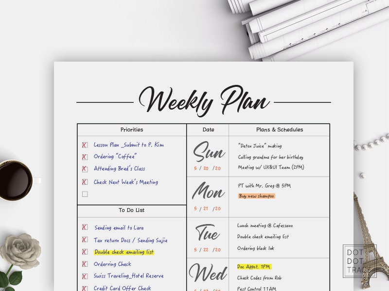 Sunday Start Printable Weekly Planner Daily Planner 7 Day Planner Work ...