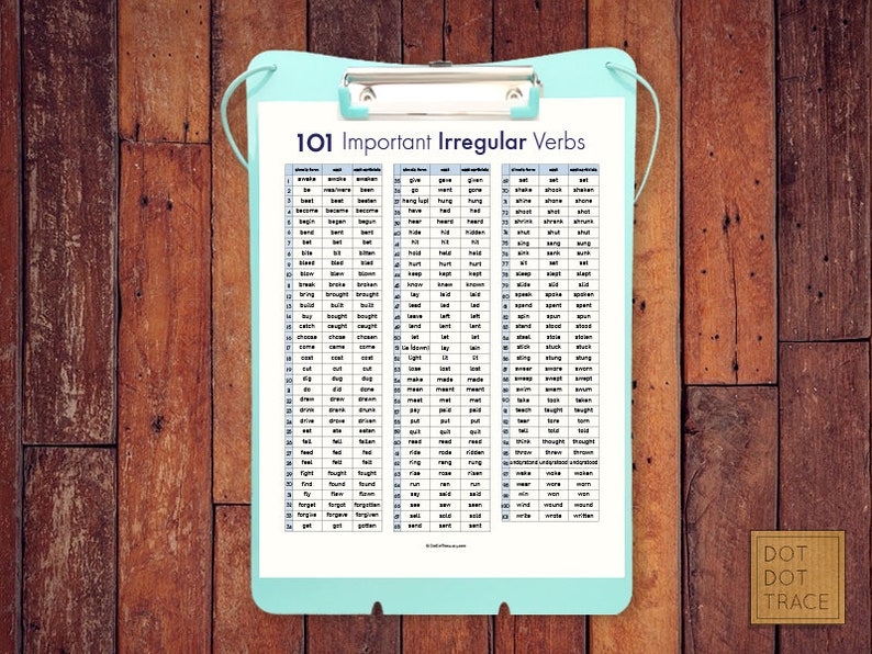 101 Irregular Verbs Chart for ESL Students (JPG Download) - Etsy