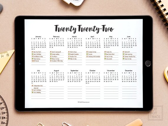 Printable 2022 Calendar Twenty Twenty Two Yearly Planner 2022 - Etsy