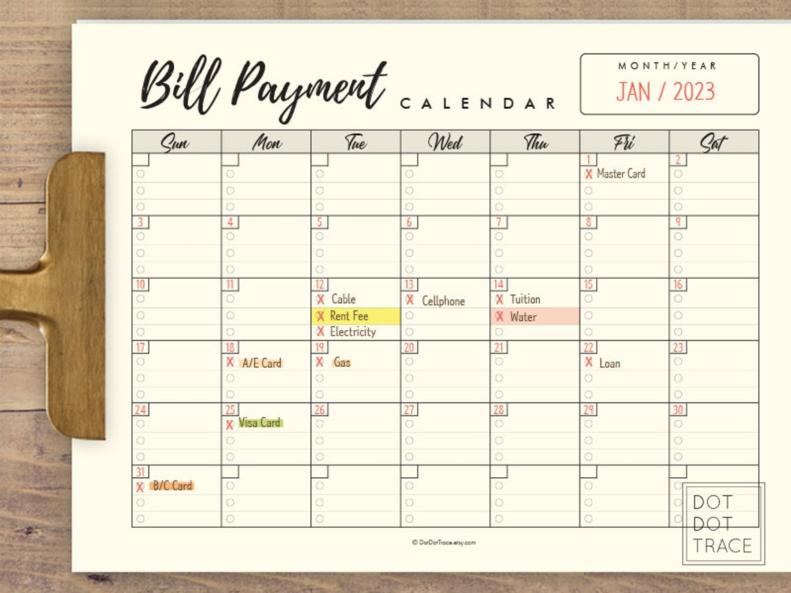 Printable Monthly Bill Payment Calendar: Letter & A4 (digital Download ...