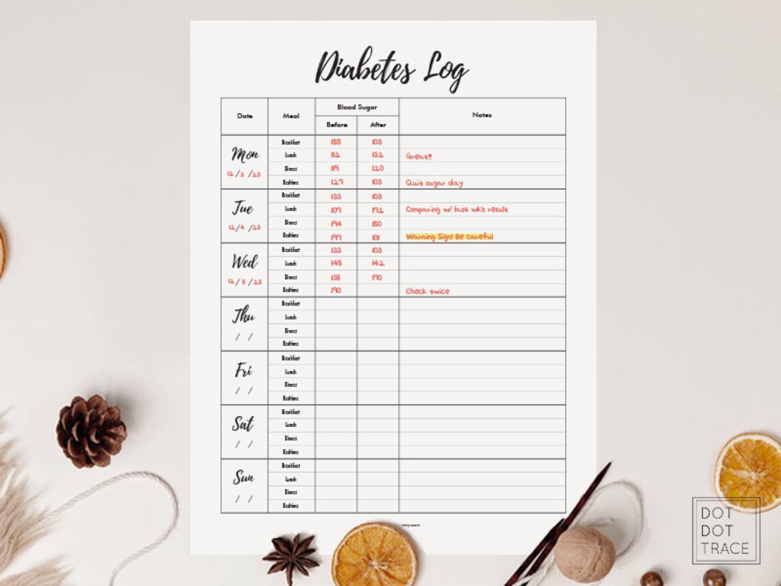 Printable Diabetes Log Template Daily Diabetes Tracker Daily | Etsy