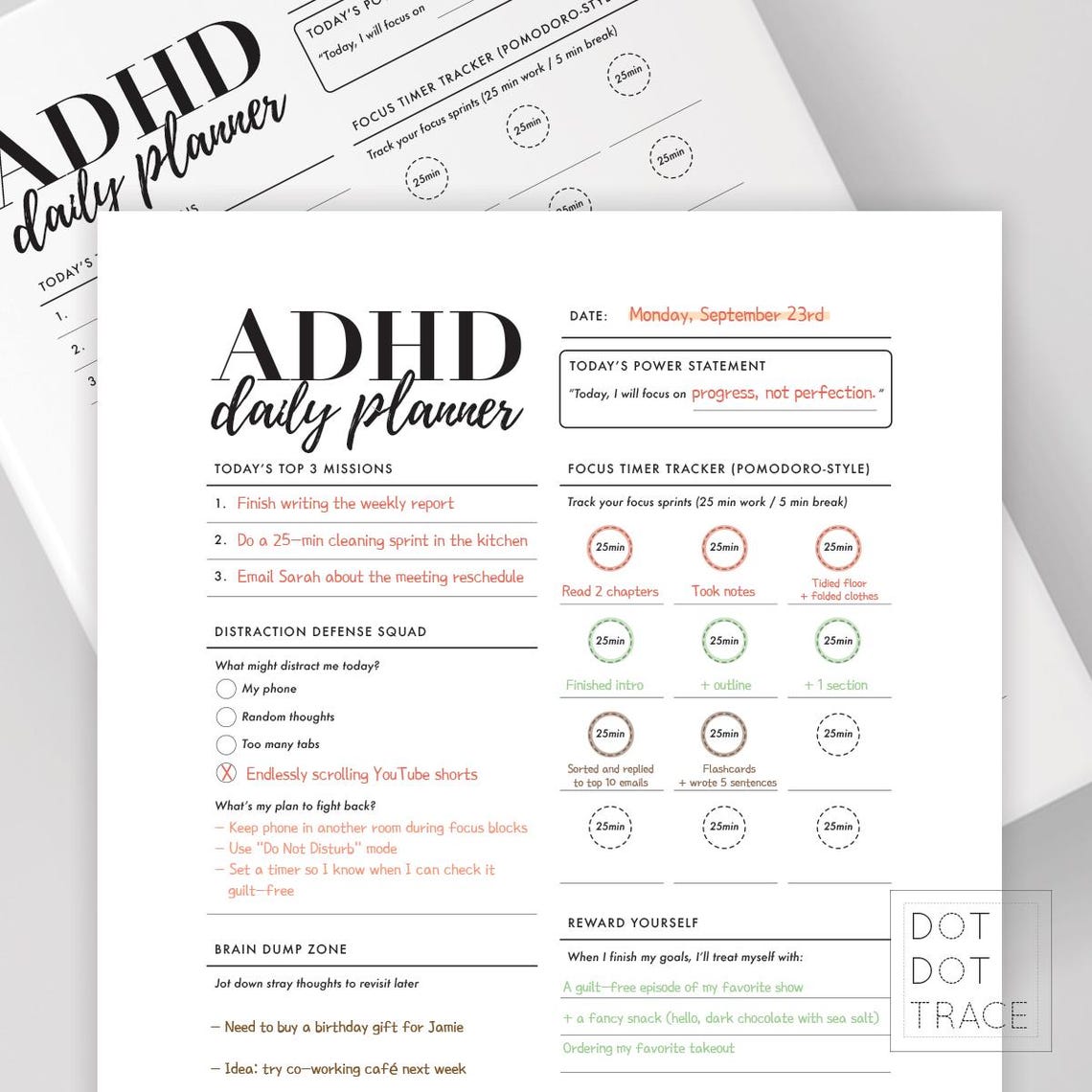 ADHD Daily Planner Printable: Focus Sheet, Brain Dump & Pomodoro ...